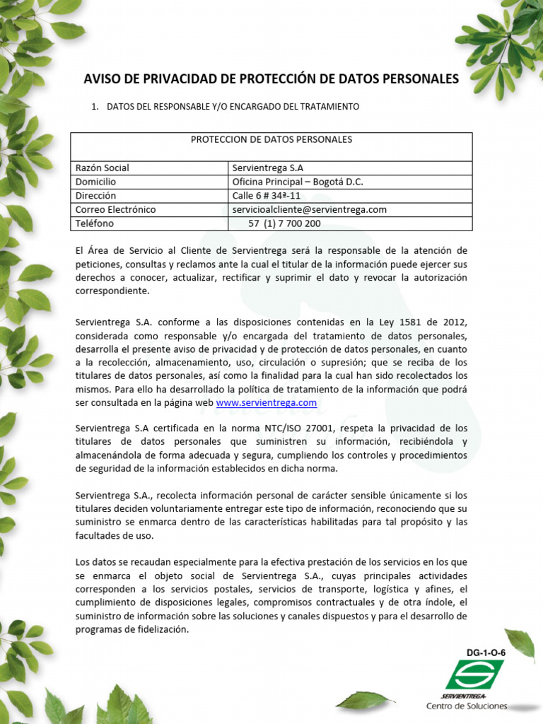 Aviso de Privacidad de Protección de Datos Personales: 1. Datos Del Responsable Y/O Encargado ...