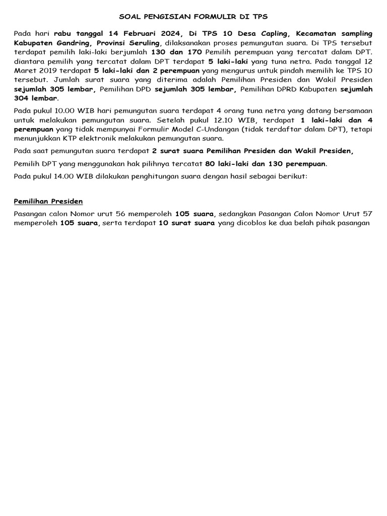Contoh Soal Pengisian Formulir Model C1 Bintek KPPS | PDF