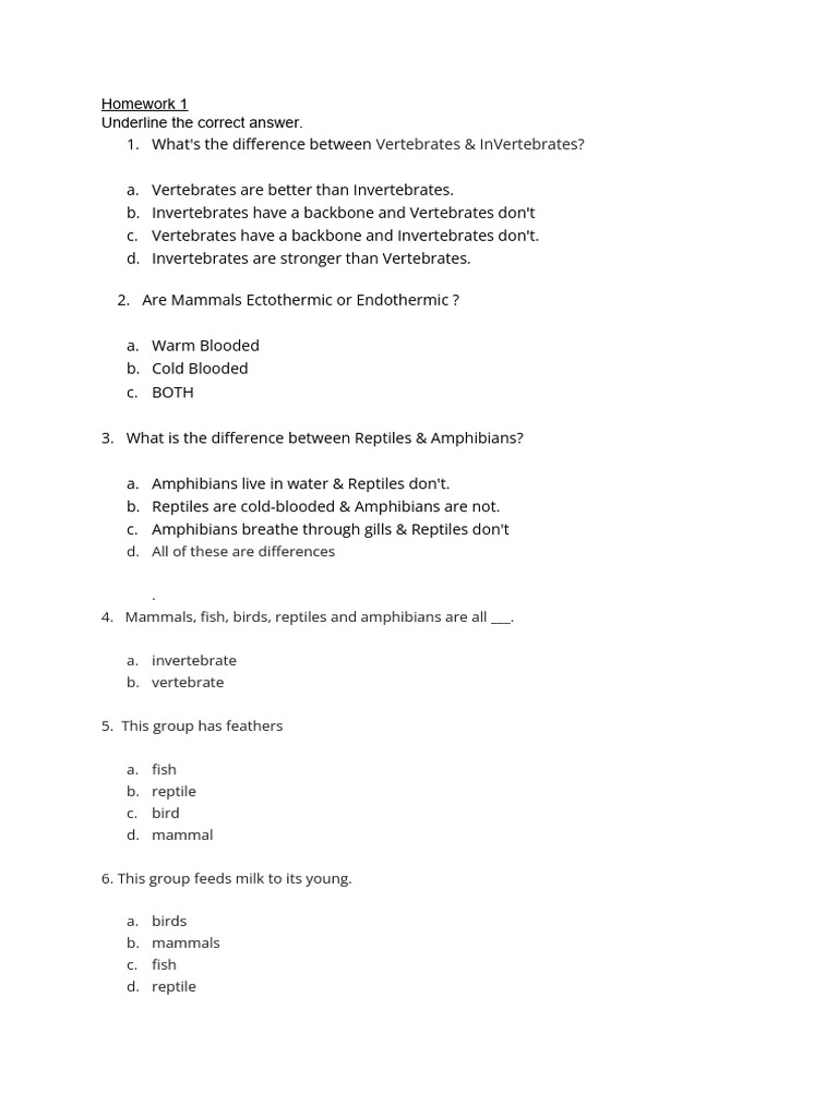 Homework Vertebrates | PDF