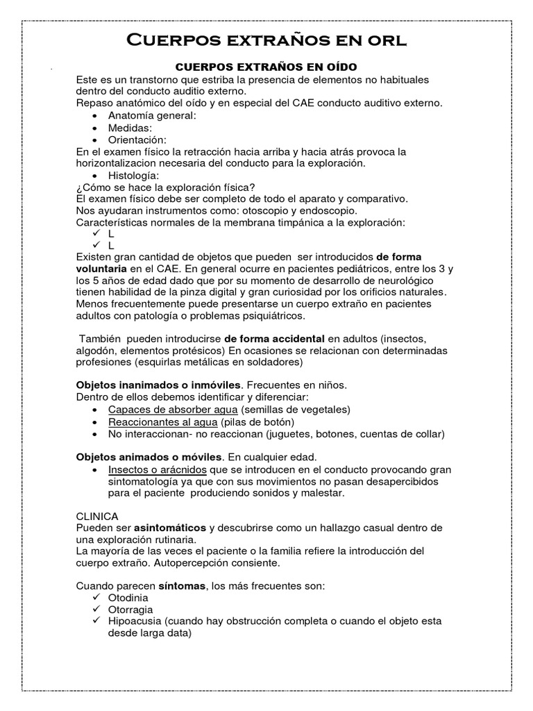 Cuerpos Extraños En Otorrinolaringología Pdf Tos Oído