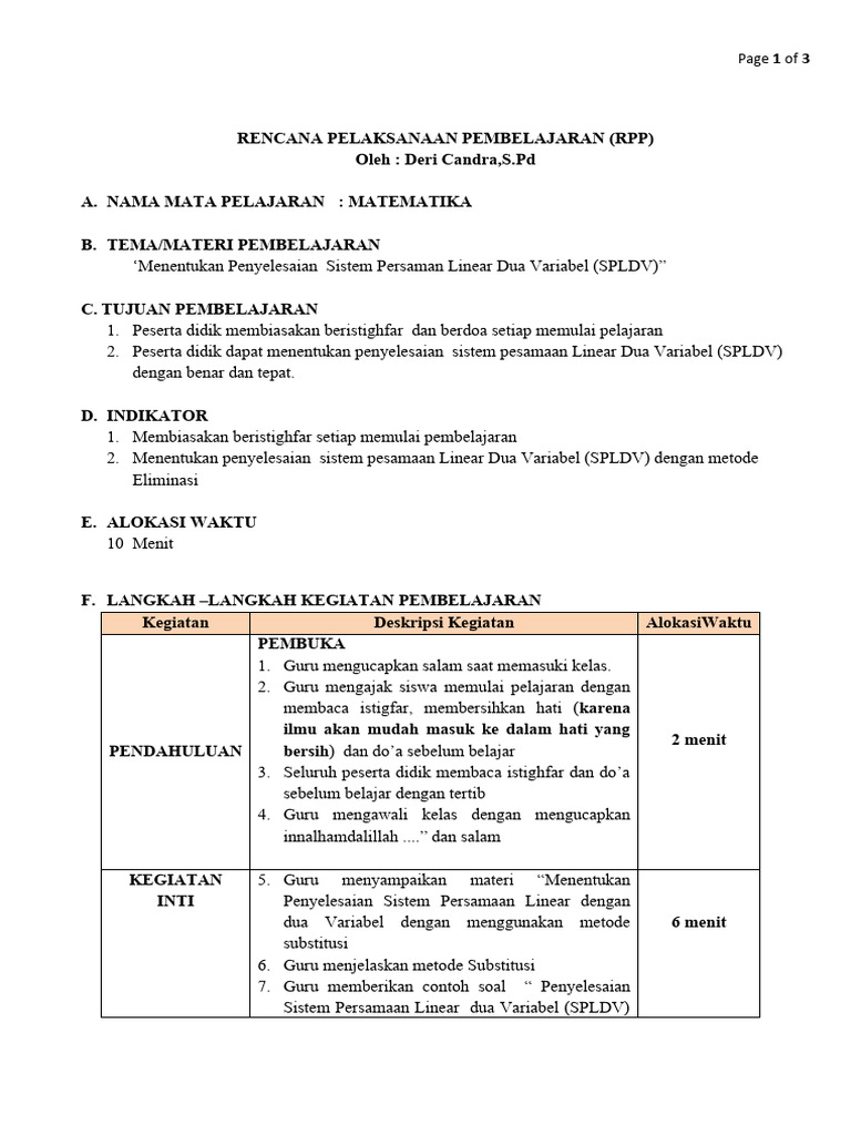RPP MTK SPLDV | PDF