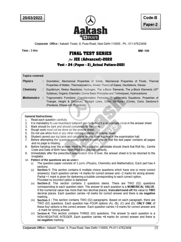Final Test Series 24 Paper 2 Code B 2022 25 03 2022 Ques