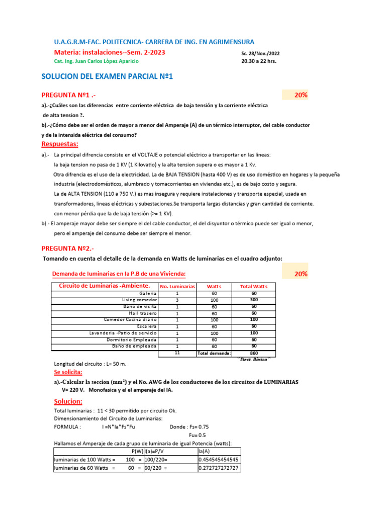 Solucion Ex. N°1 Instalaciones 2-2023 | PDF | Ingenieria Eléctrica | voltaje