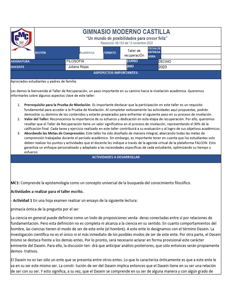 Taller FILOSOF A D CIMO | PDF | Comprensión | Ontología