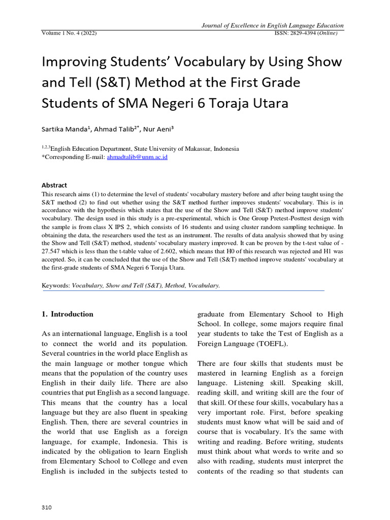 Jurnal (Improving Students' Vocabulary by Using Show and Tell (S T) Method | PDF | Vocabulary ...