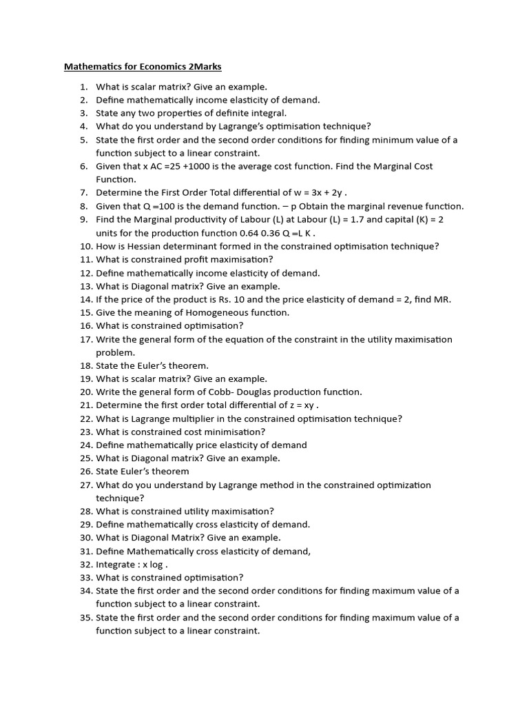 Mathematics For Economics 2marks | PDF | Mathematical Optimization ...