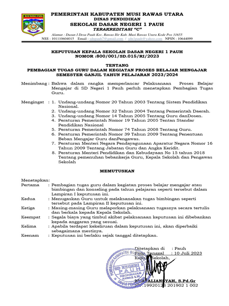 SK PEMBAGIAN TUGAS Ganjil 10 JULI 2023 | PDF