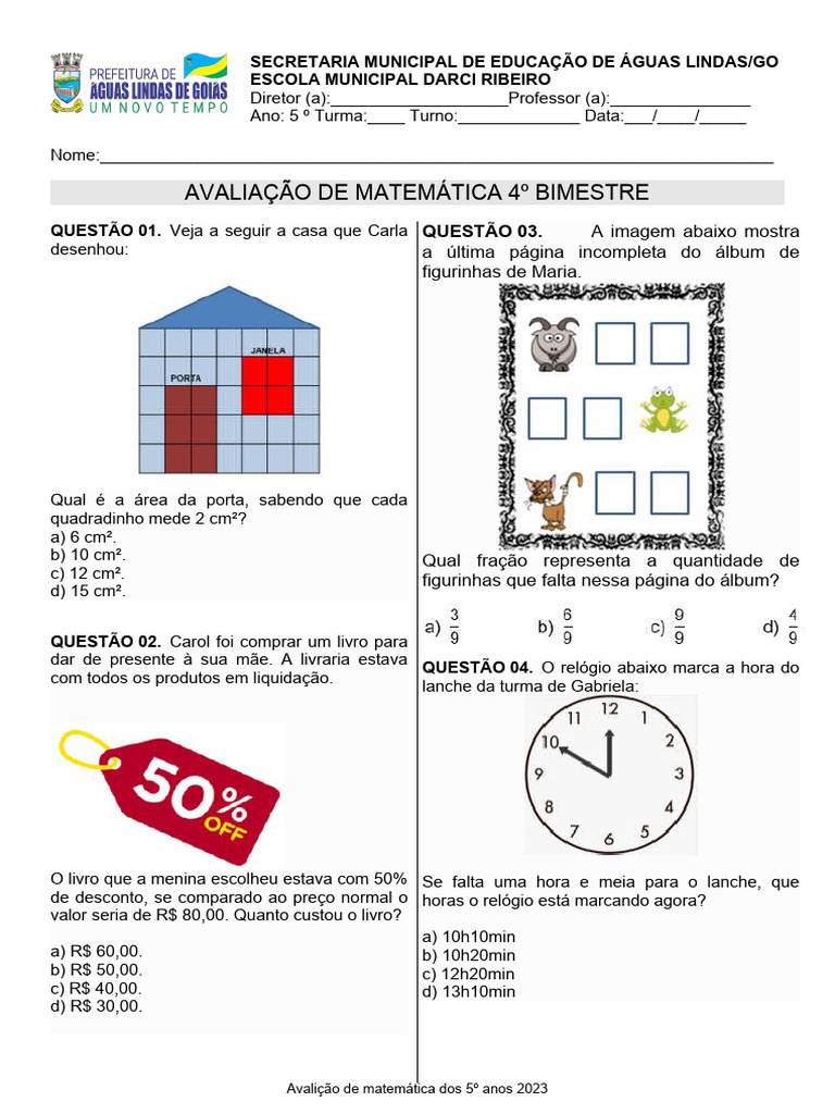 Avaliacao De Matematica 5º Ano 4 Bimestre Pdf 3483