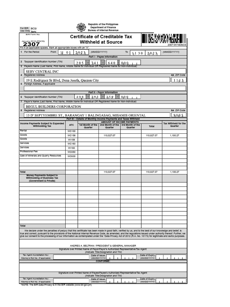 Serv Central Inc. Tax Withholding Certificate | PDF | Payments | Taxes