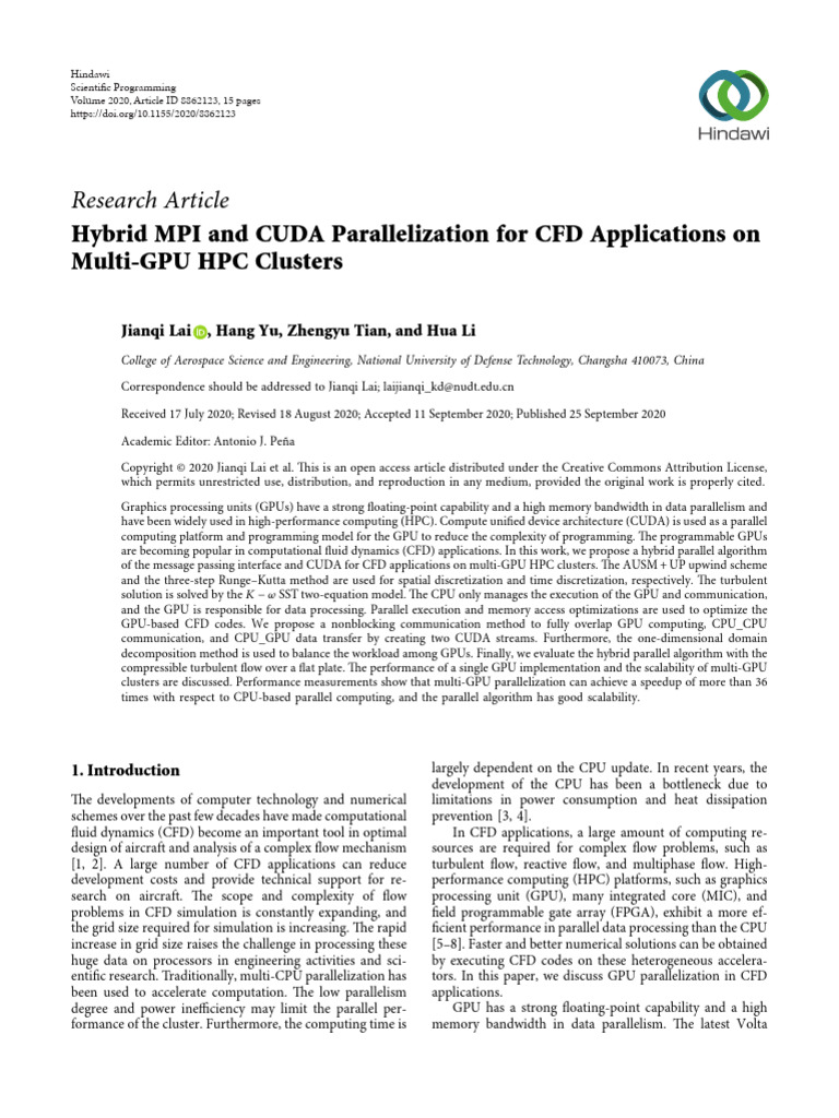 Research Article Hybrid Mpi And Cuda Parallelization For Cfd Applications On Multi Gpu Hpc