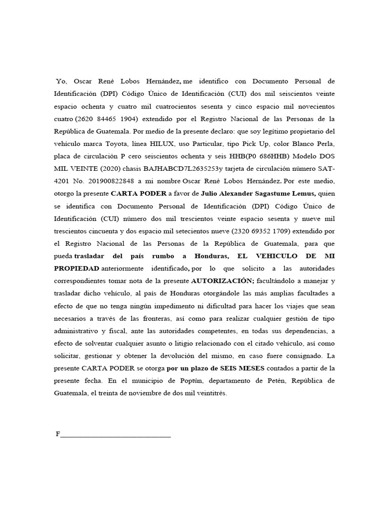 Carta Poder para Traslado de Vehículo | PDF