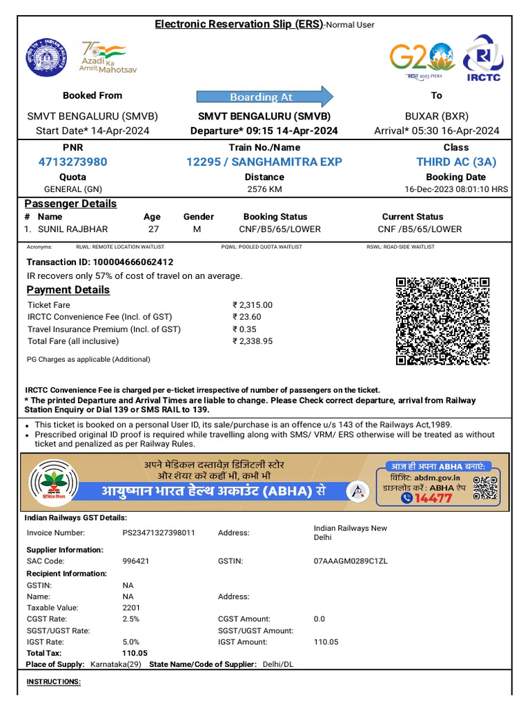 Sanghamitra Exp Third Ac (3A) | PDF | Taxes | Payments