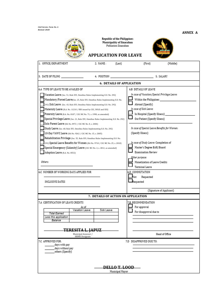 CS Form No. 6, Revised 2020 (Application For Leave) (Secured) | PDF