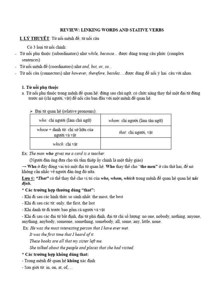 Review Grammar Stative & Linking Verbs | PDF
