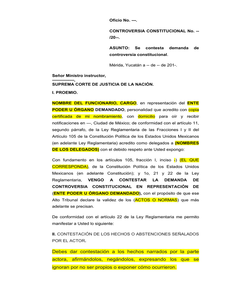 Formato contestación de demanda | PDF | Demanda judicial | Constitución