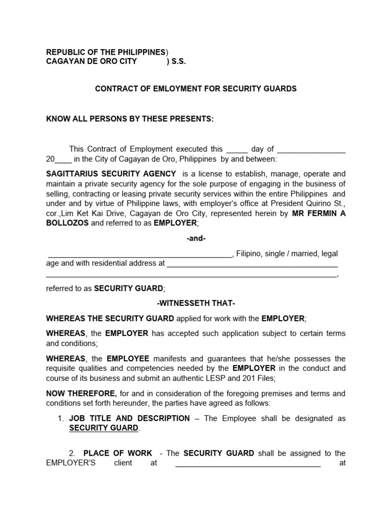 Security Guard Employment Contract | PDF | Employment | Confidentiality