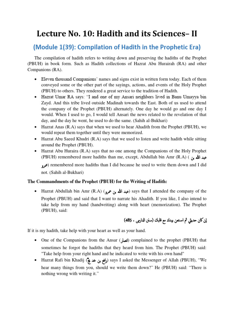 Handouts Lecture10 - ISL202 (English) ) | PDF | Hadith | Muhammad Handouts Lecture10 - ISL202 (English) ) | PDF | Hadith | Muhammad