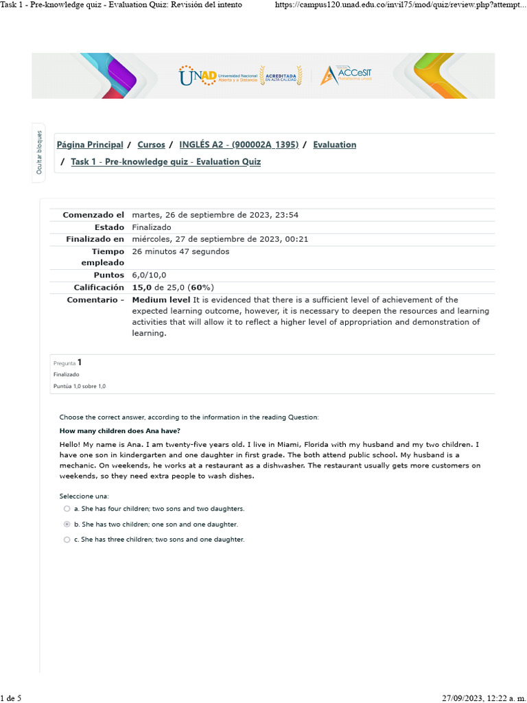 Task 1 - Pre-Knowledge Quiz - Evaluation Quiz Revisión Del Intento | PDF