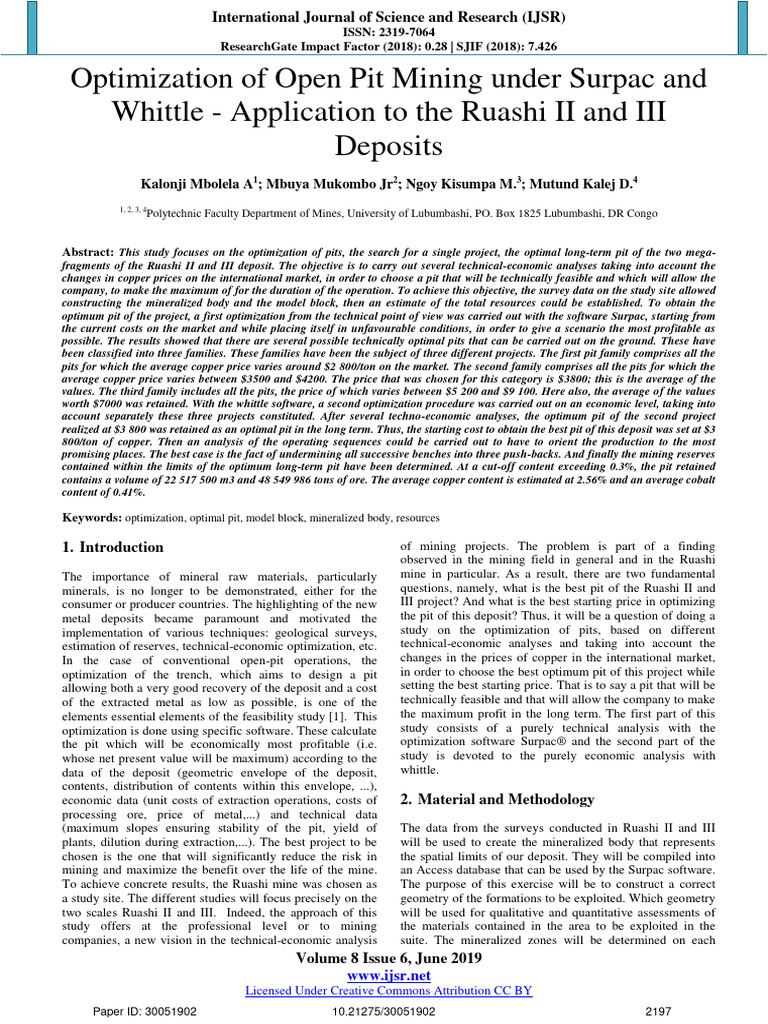 Optimization of Open Pit Mining Under Surpac and Whittle - Application To The Ruashi II and III ...