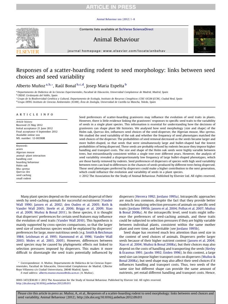 Responses of A Scatter-Hoarding Rodent To Seed Morphology | PDF