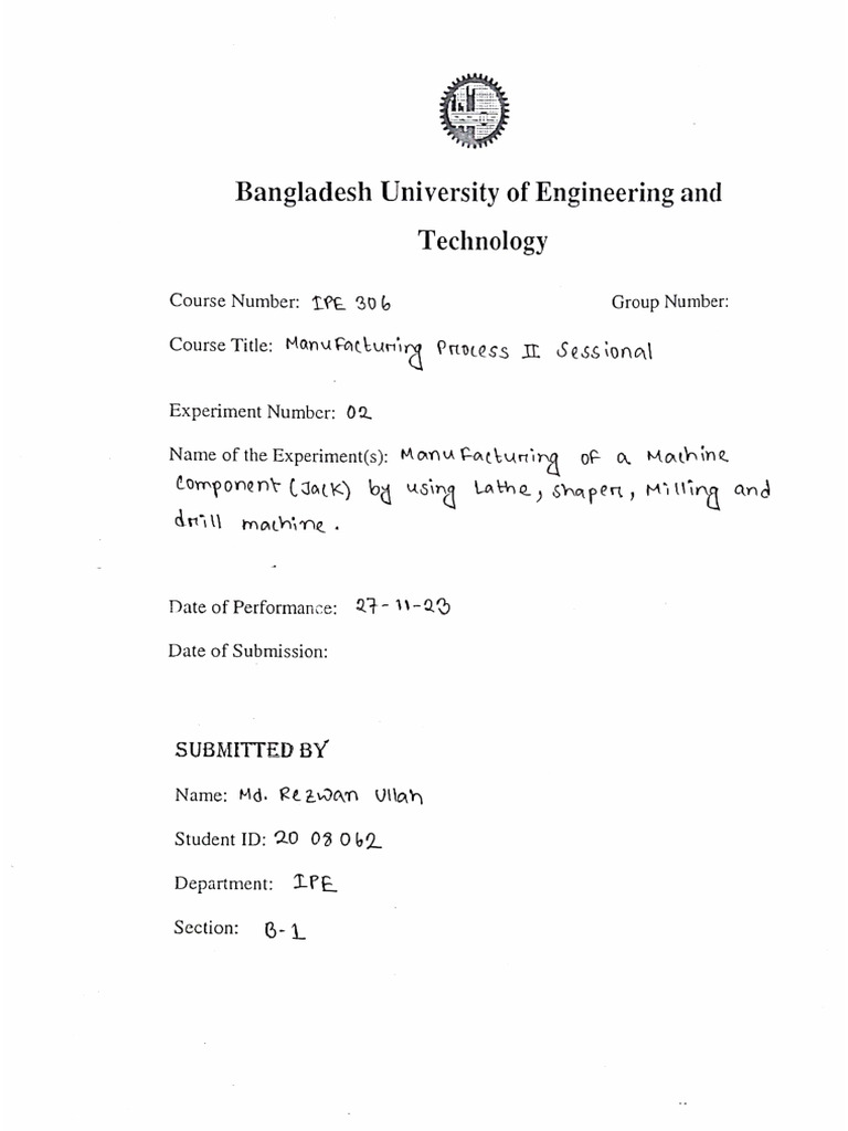 Experiment 02 (Manufacturing of A Machine Component (Jack) by Using ...