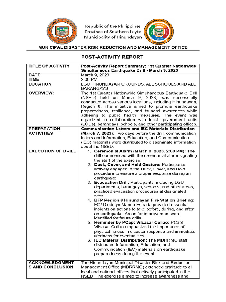 Post Activity Report 2023 1st Quarter Nsed | PDF | Emergency Management ...