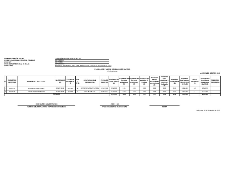 12.-Planilla de Aguinaldo Gestion 2023-Namunda s.r.l | PDF
