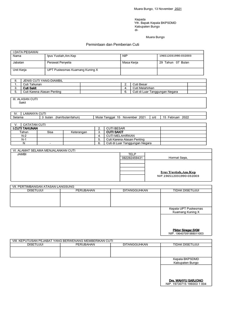 Surat Cuti PNS ASN puskesmas Kuamang Kuning X | PDF