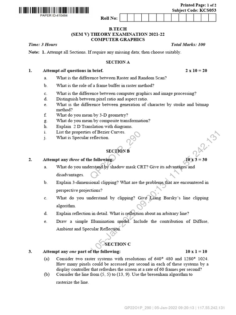 Btech Cs 5 Sem Computer Graphics kcs053 2022 | PDF | Computer Graphics | Computer Engineering