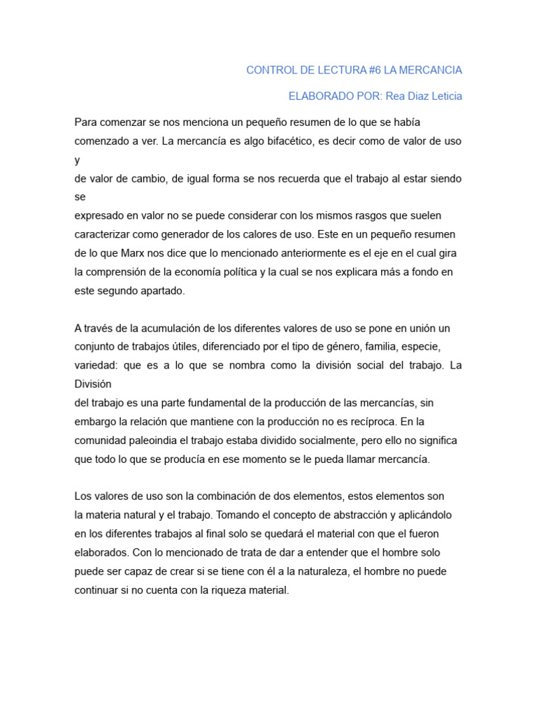 CONTROL de LECTURA Historia Mercancia | PDF | Karl Marx | Economias