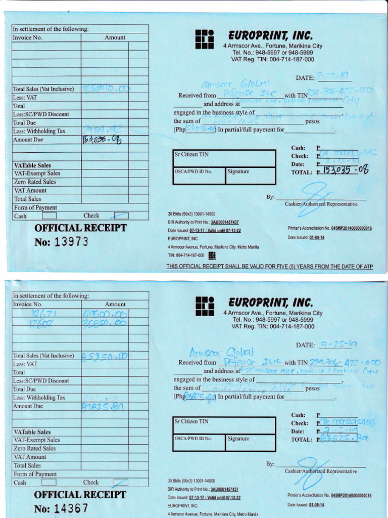 Armscor Official Receipts | PDF | Receipt | Value Added Tax
