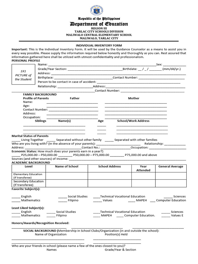Individual Inventory Form Long | PDF | Psychotherapy | School Counselor