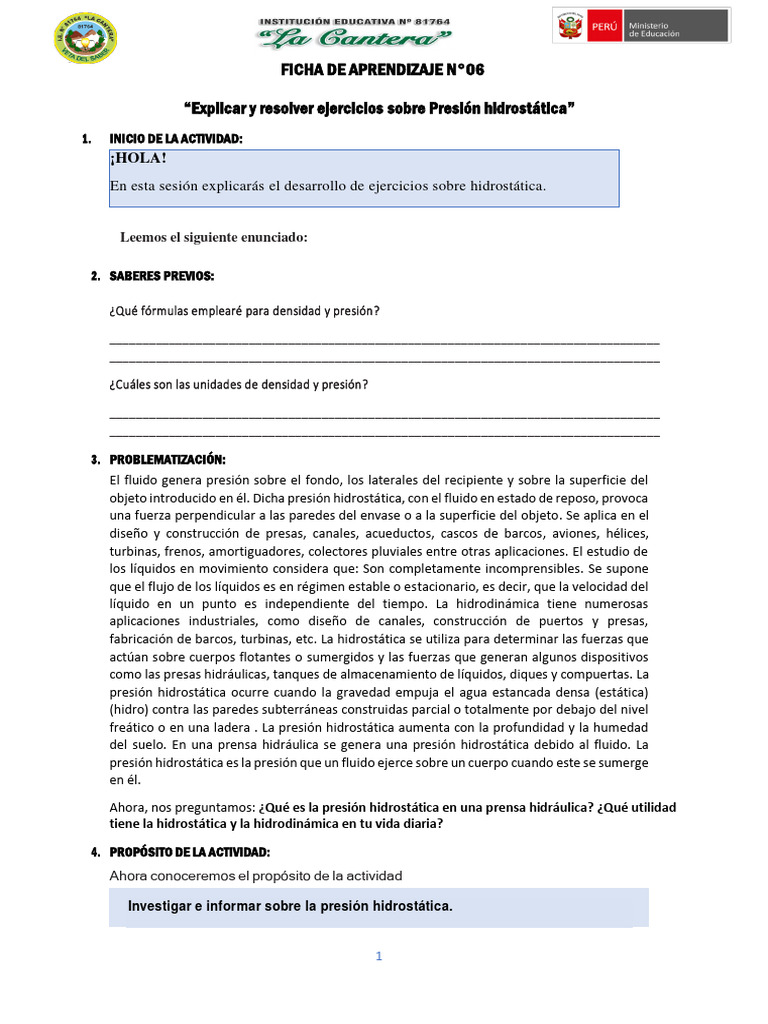 Ficha de Aprendizaje N°06 - 5to Grado | PDF | Presión | Líquidos