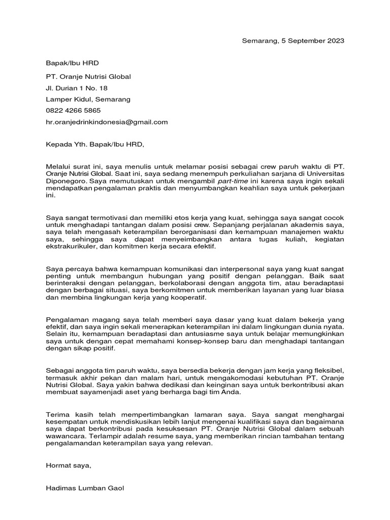 Surat Lamaran Crew Part Time | PDF | Karier & Perkembangan
