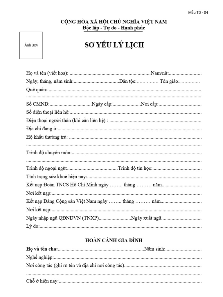 Mau TD 02 So Yeu Ly Lich | PDF