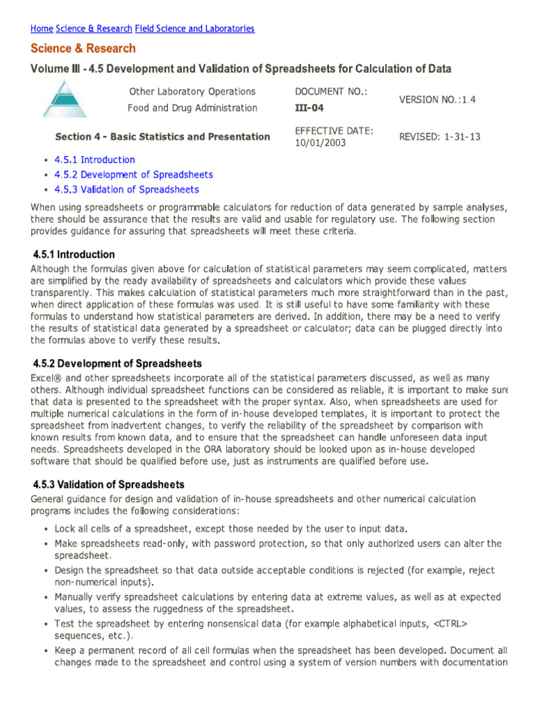 FDA - Development Validation of Spreadsheets Calculation Of-Data ...