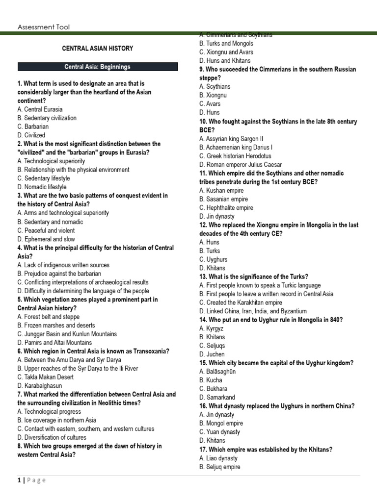 Central Asian History Assessment Tool | PDF | Central Asia | Nomad