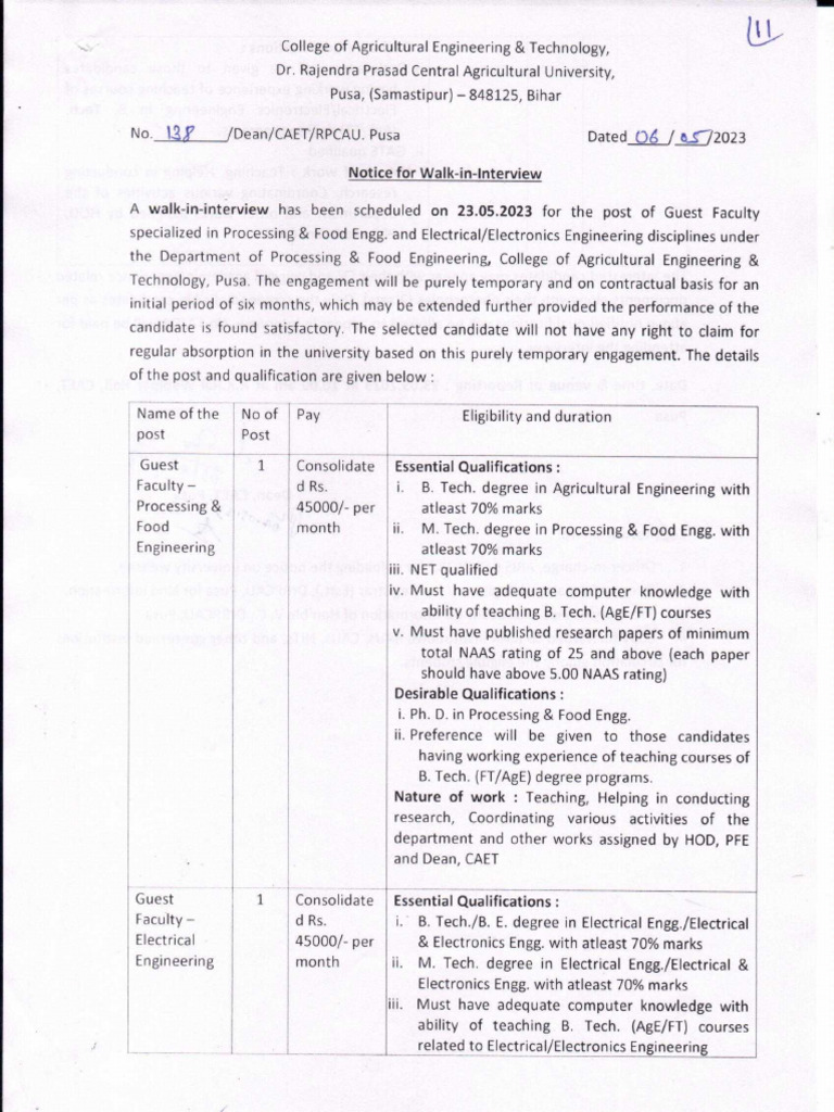 Walk in Interview RAU Pusa | PDF