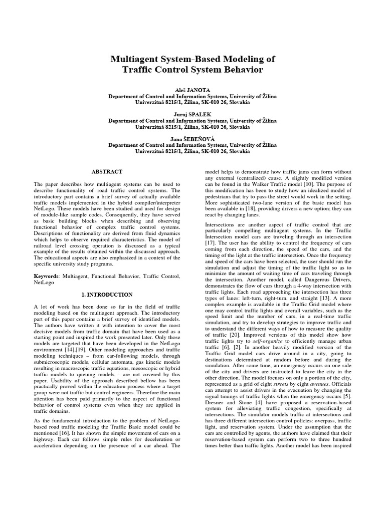 Multiagent System-Based Modeling of Traffic Control System Behavior | PDF