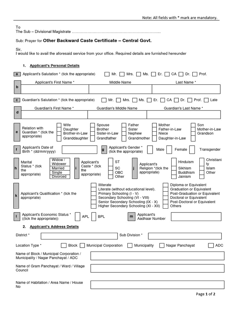 OBC Certificate Central Govt. | PDF