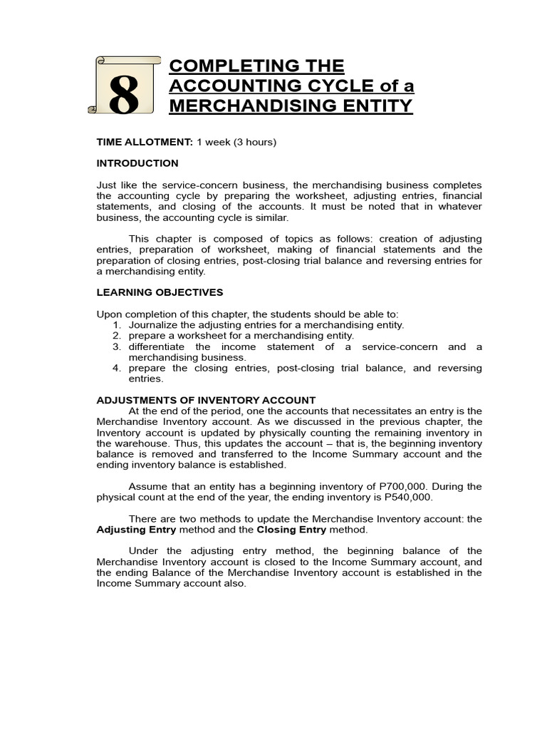 I. Unit 8 COMPLETING THE ACCOUNTING CYCLE of A MERCHANDISING ENTITY ...
