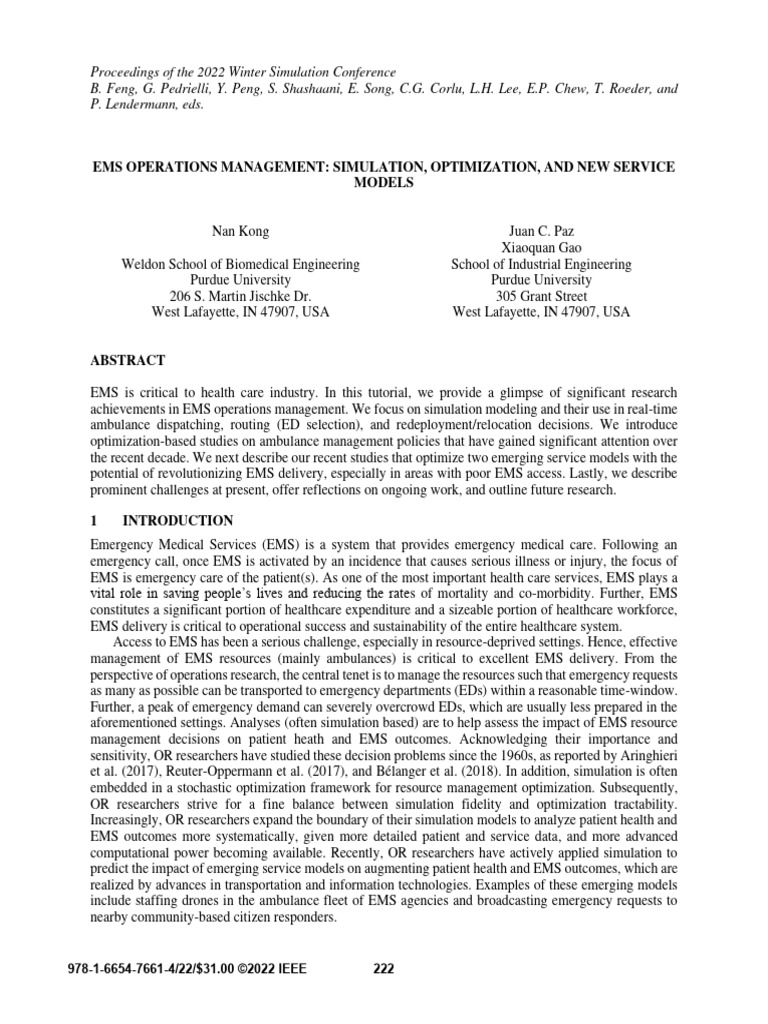 Ems Operations Management: Simulation, Optimization, and New Service Models | PDF | Emergency ...