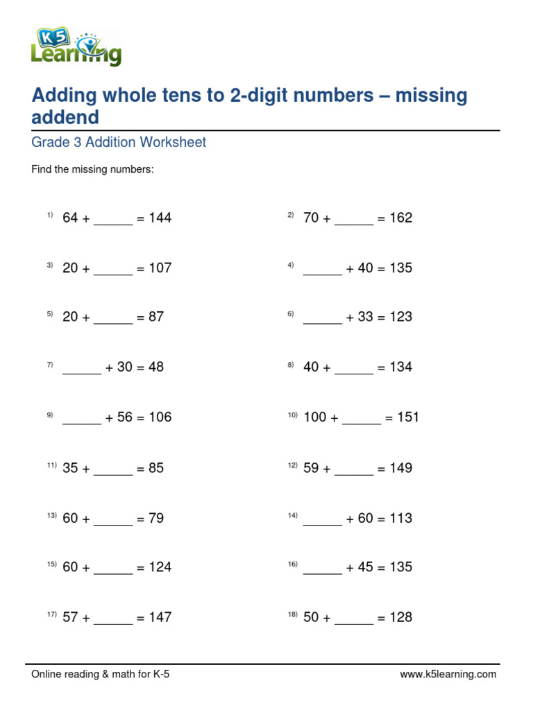 Grade 3 Adding Whole Tens To 2 Digit Missing Addend C | PDF | Teaching Methods & Materials