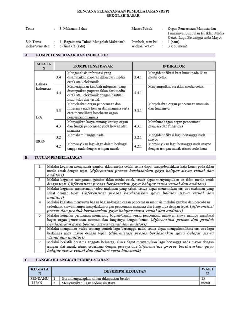 RPP Membuat Model Sederhana Organ Pencernaan (Diferensiasi) | PDF ...
