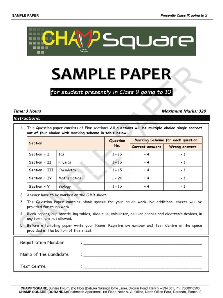 Champ Square Class IX Sample Paper | PDF