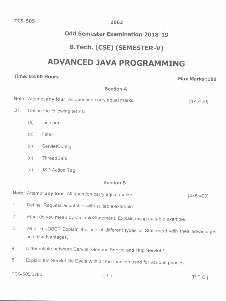Advanced Java Programming Btech V Sem 20180001 | PDF