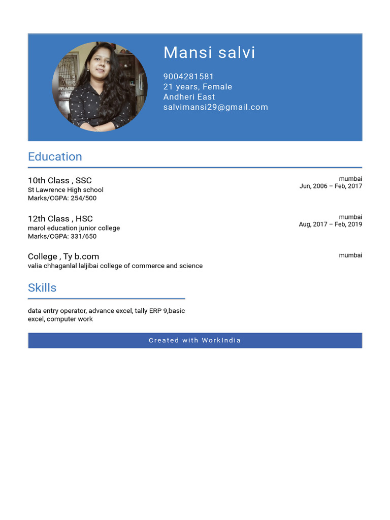 WorkIndia Resume - Mansi Salvi | PDF