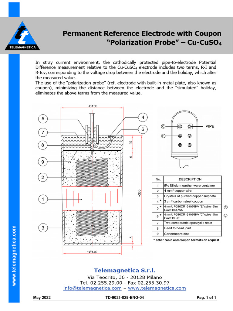 TD-9021-028-ENG-04 - Permanent CuCuSO4 Reference Electrode With Coupon ...