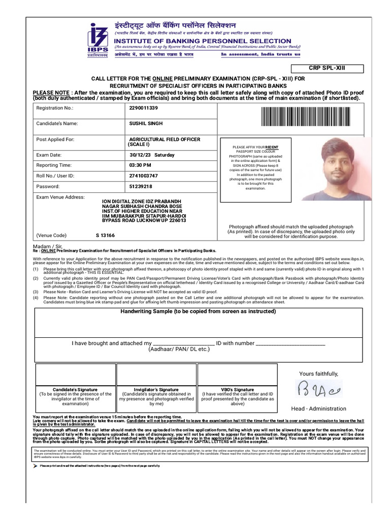 Specialist Officer Exam Call Letter | PDF