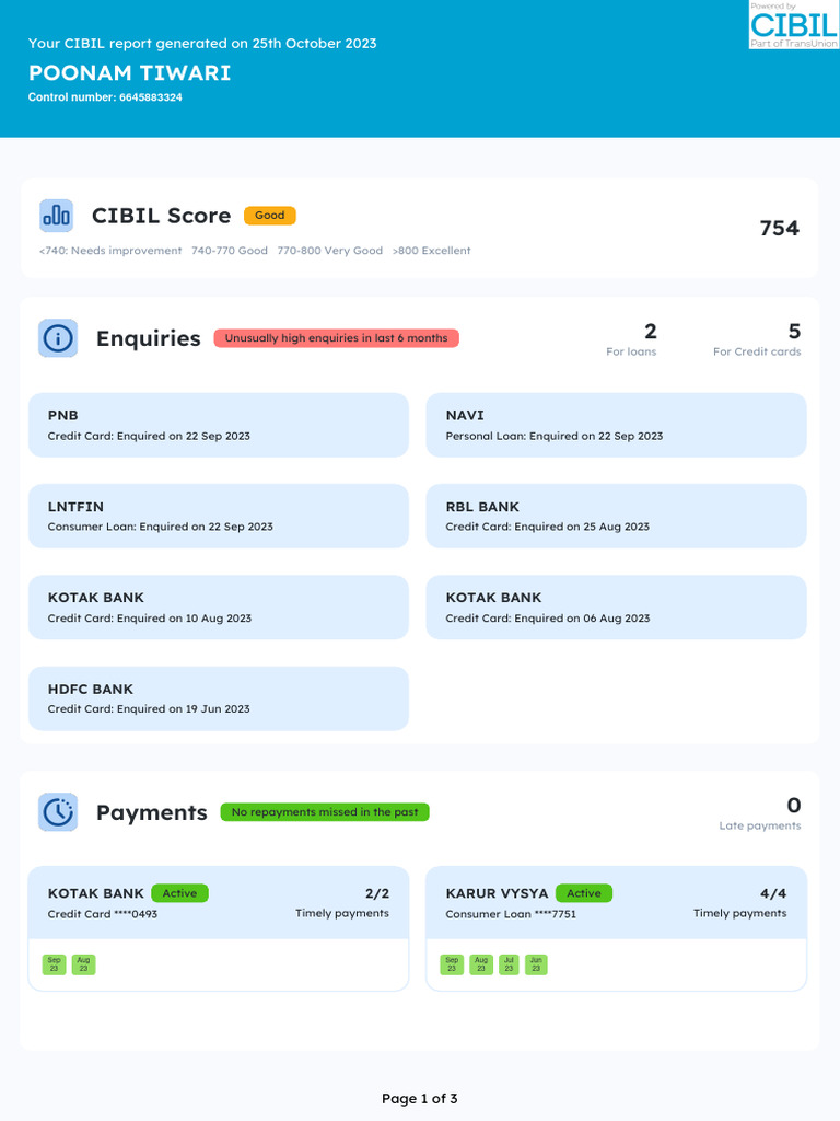 CIBIL Score 754: Poonam Tiwari | PDF | Credit | Finance & Money Management